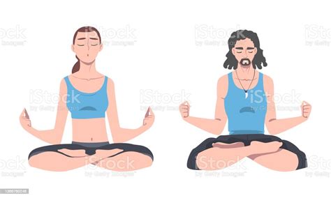 파드마사나 또는 연꽃 포지션 연습 중재 벡터 세트에 앉아 젊은 남자와 여자 십자가 다리 눈 감기에 대한 스톡 벡터 아트 및 기타 이미지 눈 감기 대칭 마음 챙김