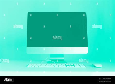 Keyboard Mouse Computer Display With Black Blank Screen Trendy Green