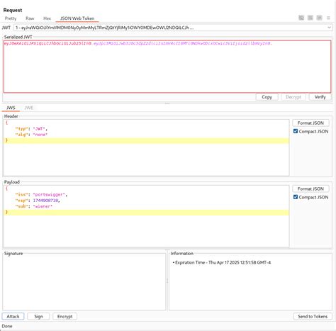 JWT Authentication Bypass Via Flawed Signature Verification