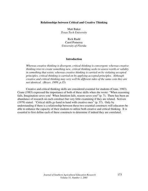 Pdf Relationships Between Critical And Creative Thinking