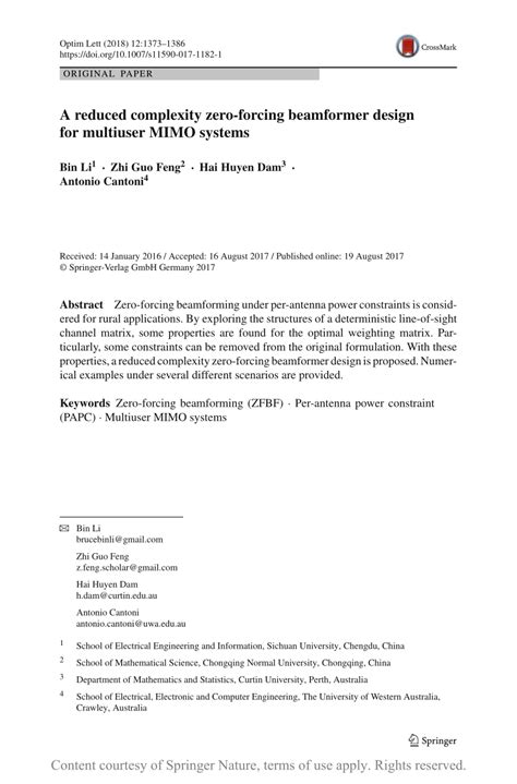 A Reduced Complexity Zero Forcing Beamformer Designfor Multiuser MIMO Systems Request PDF