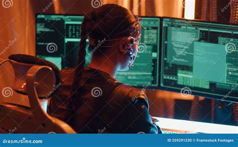 Cyberpunk Girl Backview Types On Keyboard Multiple Monitors With