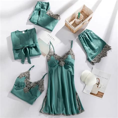 5pcs Sleepwear Sleep Suit Sexy Womens Lace Pajamas Sets V Neck Satin