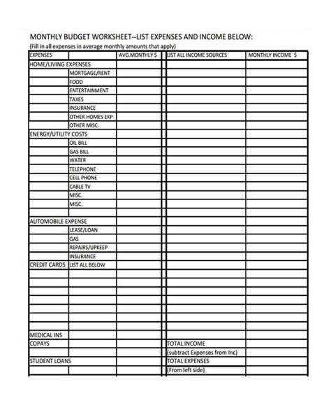 Average Monthly Expenses List Printable Forms Free Online