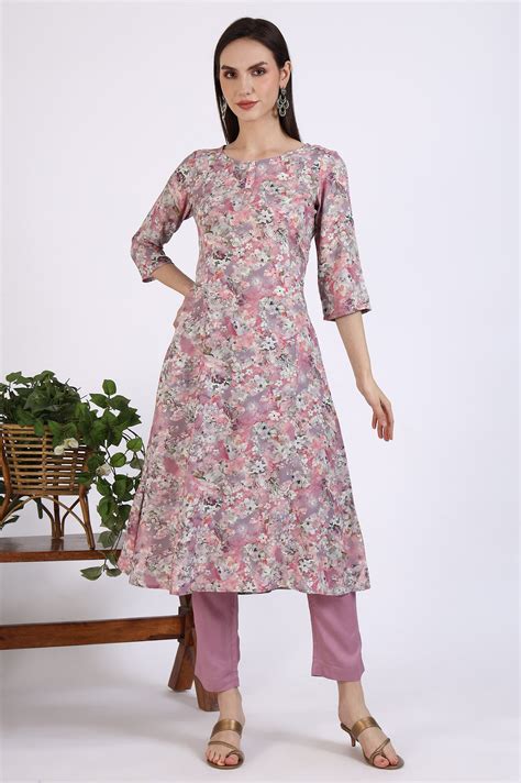 Buy Pink Floral Printed Rayon A Line Kurta And Pants Co Ord Set Online