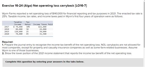 solved exercise 16 24 algo net operating loss carryback