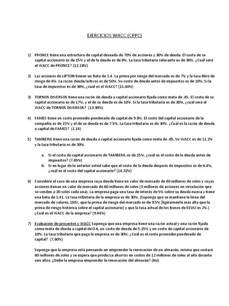 Ejercicios Wacc Cppc U Pdf Compartir Finanzas Deuda