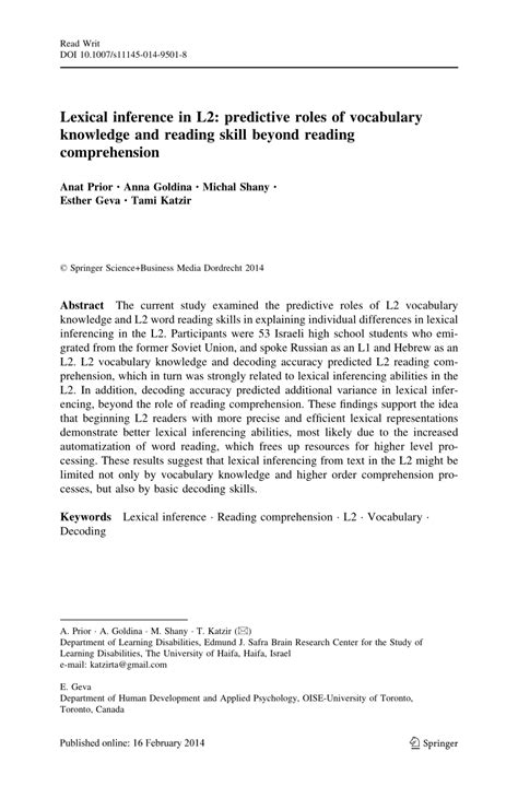 Pdf Lexical Inference In L2 Predictive Roles Of Vocabulary Knowledge