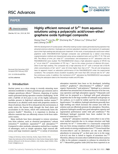 Pdf Highly Efficient Removal Of Sr From Aqueous Solutions Using A Polyacrylic Acidcrown Ether