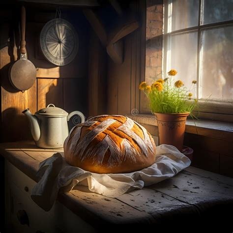 Rustic Loaf Of Bread In A Farmhouse Kitchen Generative Ai Stock