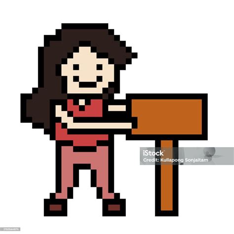 벡터 귀여운 픽셀 만화 캐릭터 여자 나무 기호 나무 보드 벡터 장식 8 비트 여성 빈 공간 기호 나무 픽셀 게임을 보유 간판에 대한 스톡 벡터 아트 및 기타 이미지 Istock
