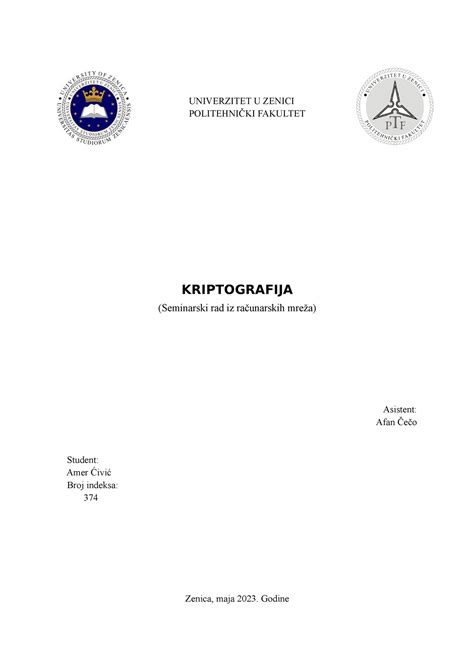 Kriptografija Seminarski Rad Univerzitet U Zenici PolitehniČki