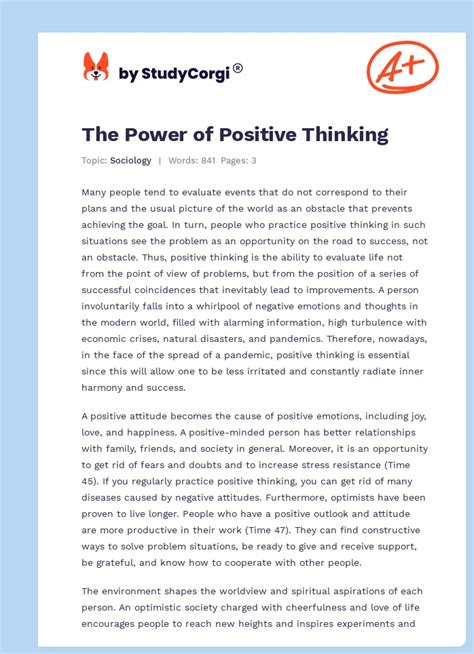 The Power Of Positive Thinking Free Essay Example