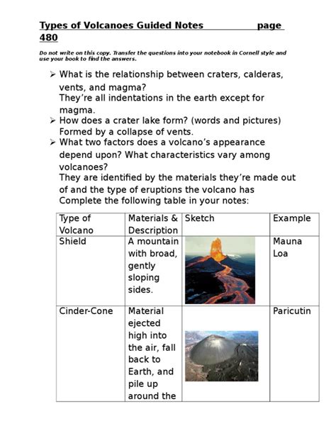 Types Of Volcanoes Guided Notes Pdf Volcano Volcanic Landforms
