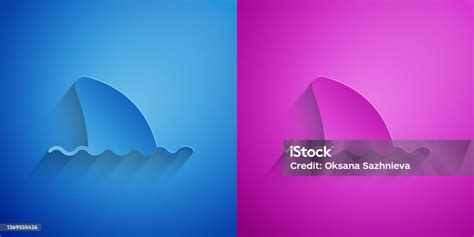 종이 는 파란색과 보라색 배경에 고립 된 바다 파도 아이콘에 상어 지느러미를 잘라 종이 아트 스타일 벡터 3차원 형태에 대한 스톡 벡터 아트 및 기타 이미지 Istock