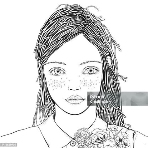 어린 아름다운 소녀와 꽃 성인과 어린이를위한 흑백 낙서 색칠 공부 책 페이지 중학교에 대한 스톡 벡터 아트 및 기타 이미지 중학교 검은색 고풍스런 Istock