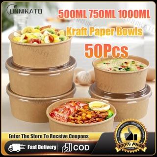 Kraft Salad Bowl 50 Pcs Round Disposable Paper Bowl With Plastic Lid