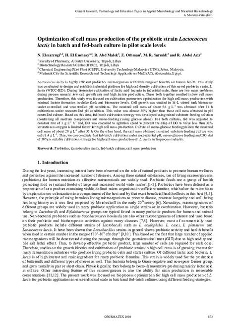Pdf Optimization Of Cell Mass Production Of The Probiotic Strain Lactococcus Lactis In Batch