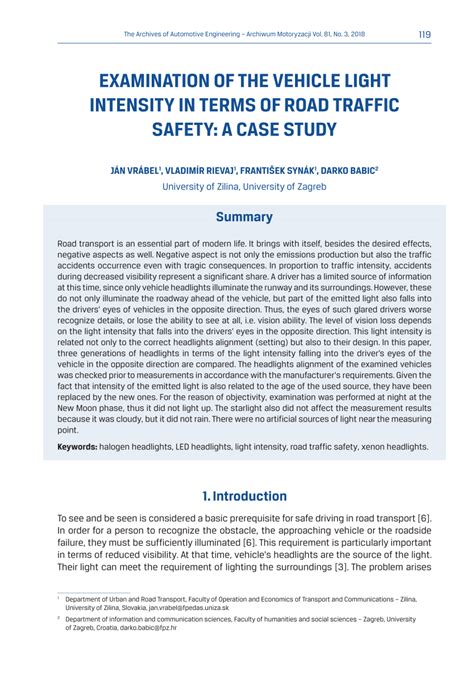Pdf Examination Of The Vehicle Light Intensity In Terms Of Road