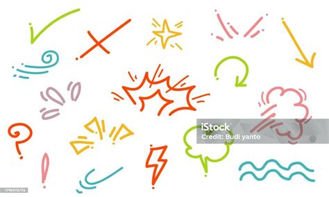 다채로운 표현 효과의 낙서 세트 만화 손으로 그린 이모티콘 효과 디자인 요소 벡터 일러스트 레이 션 곡선에 대한 스톡 벡터 아트 및 기타 이미지 Istock