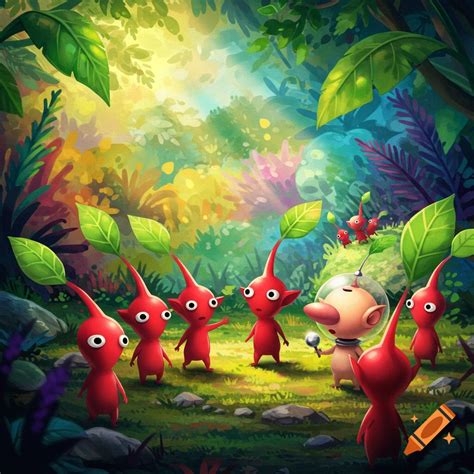 Red Pikmin Characters And Captain Olimar Gather In A Vibrant Lush