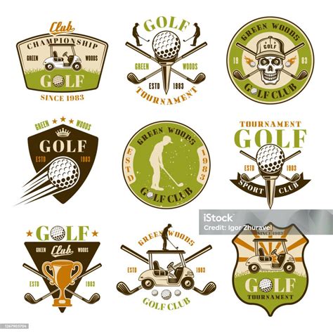 흰색 배경에 고립 된 빈티지 스타일의 9 가지 컬러 벡터 엠블럼 배지 라벨 또는 로고의 골프 세트 T 셔츠에 대한 스톡 벡터 아트 및 기타 이미지 Istock