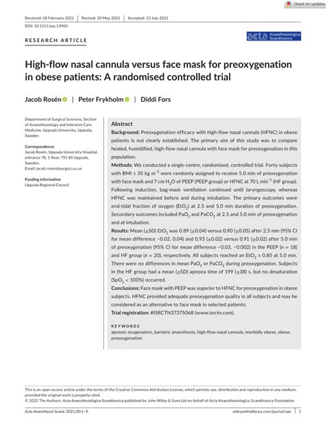 Pdf High‐flow Nasal Cannula Versus Face Mask For Preoxygenation In Obese Patients A