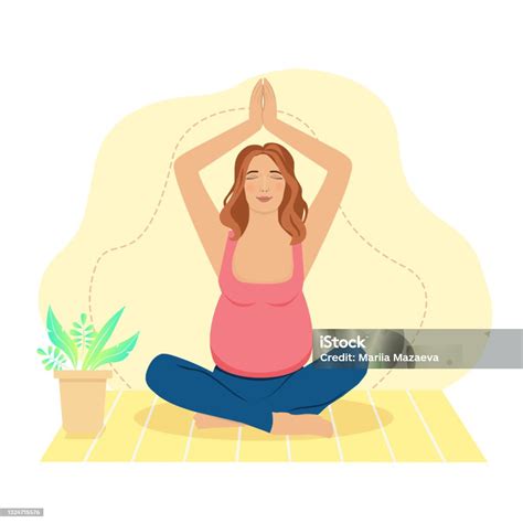 집에서 명상하는 임산부 산전 요가 명상 휴식 레크리에이션 건강한 라이프 스타일에 대한 개념 그림 플랫 만화 스타일의 일러스트