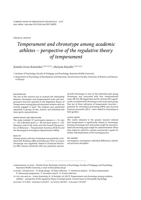 Pdf Temperament And Chronotype Among Academic Athletes Perspective Of The Regulative Theory