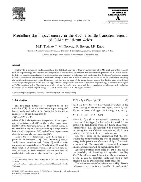 Pdf Modelling The Impact Energy In The Ductilebrittle Transition Region Of C Mn Multi Run Welds
