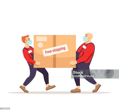 외과 마스크 세미 플랫 Rgb 컬러 벡터 일러스트레이션에서 배달 남자 흰색 배경에 큰 소포 고립 만화 문자를 제공하는 택배