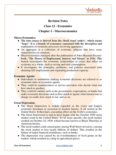 Class 12 Macro Economics Chapter 1 Revision Notes Pdf