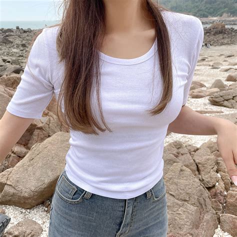 5color 골지 5부 반소매 티 유넥 반팔 글램룩 데일리룩 바다룩 청순 섹시 소프트 여름 티 U Neck Glam Daily Half Sleeve T Shirt