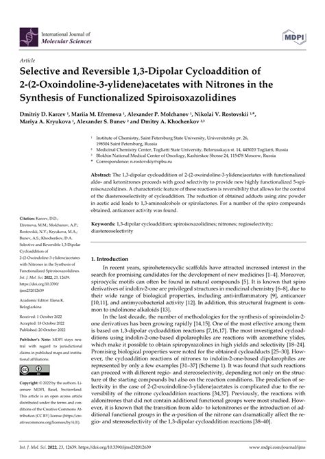 Pdf Selective And Reversible 1 3 Dipolar Cycloaddition Of 2 2 Oxoindoline 3 Ylidene Acetates