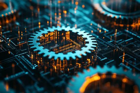 Futuristic Gears And Circuit Board Design With Glowing Elements Stock Illustration