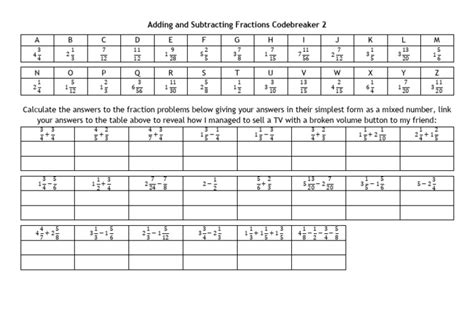 Adding And Subtracting Fractions Codebreaker 2 Pdf Numbers Mathematical Notation