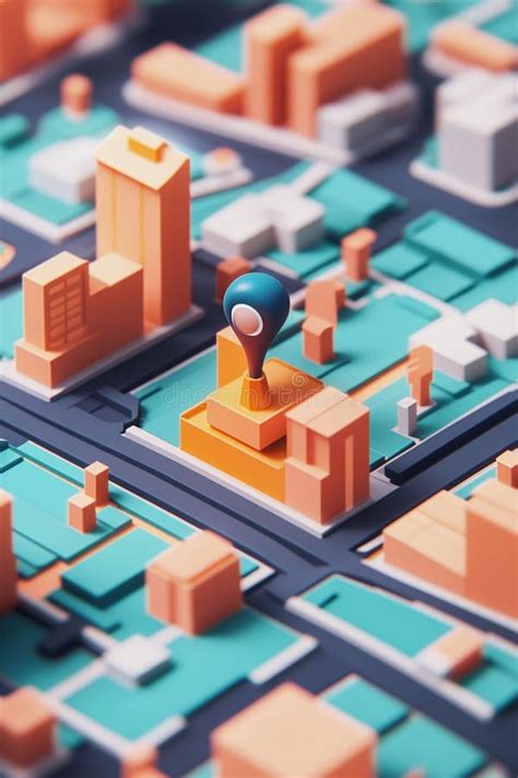 A Detailed 3d City Block Map With Location Markers And Transit Route Connections Stock