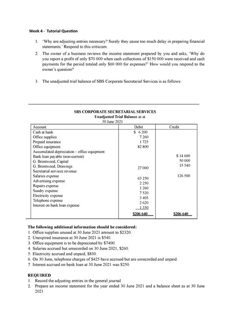 Week 4 Tutorial Activity Week 4 Tutorial Question ‘why Are Adjusting Entries Necessary