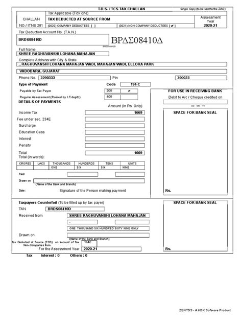 Tds Challan For Shree Raghuvanshi Lohana Mahajan Detailing Payment Of