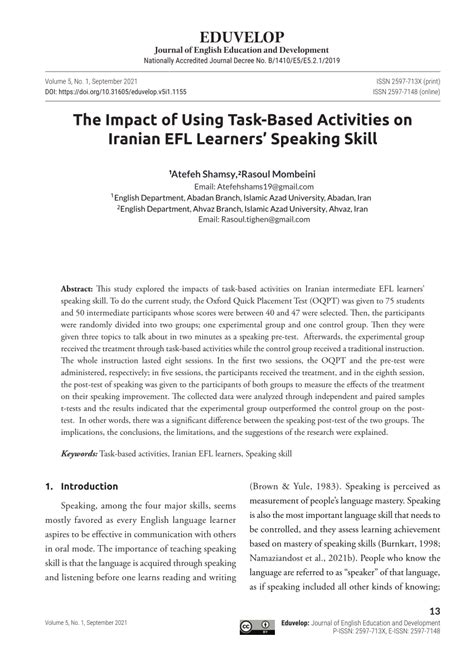 Pdf The Impact Of Using Task Based Activities On Iranian Efl Learners Speaking Skill