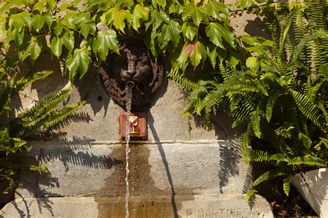 프랑스 리비에라의 생 트로페 옆에 있는 그리마 중세 마을의 분수 0명에 대한 스톡 사진 및 기타 이미지 0명 골목 꽃