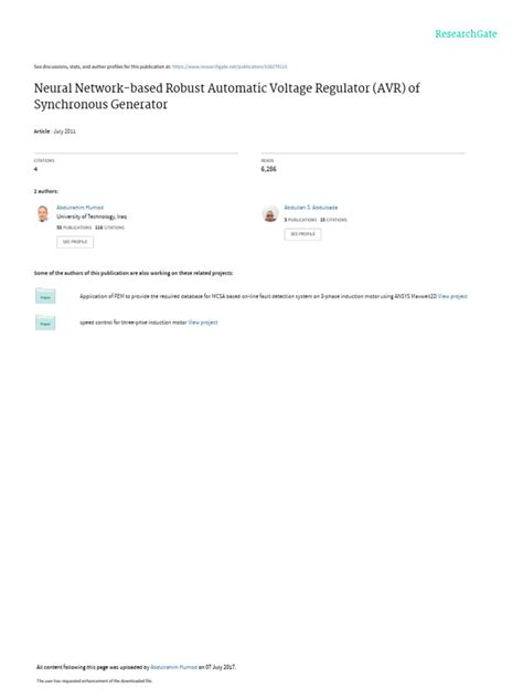 Neural Network Based Robust Automatic Voltage Regulator Avr Of Pdf