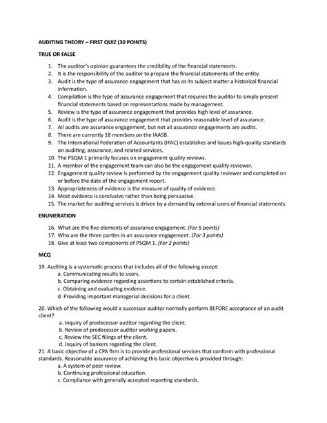 At First Quiz At Practice Auditing Theory First Quiz 30 Points