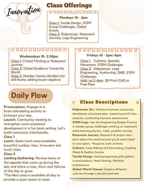 Daily Flow And Class Offerings Innovation Learning Lab