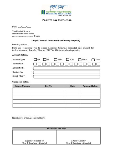 Positive Pay Instruction Request Form Pdf