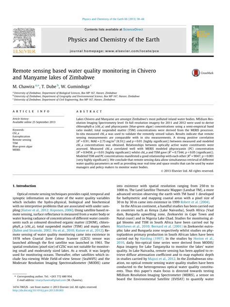 Pdf Remote Sensing Based Water Quality Monitoring In Chivero