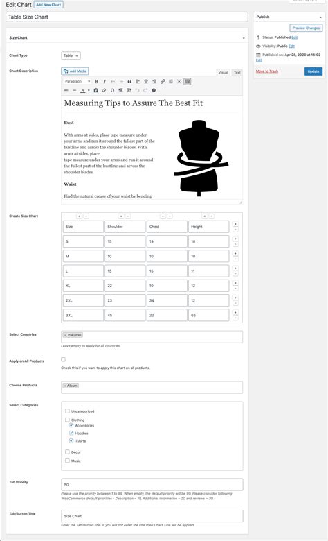 woocommerce size chart product size guide and specifications