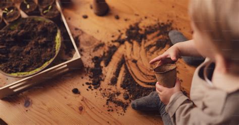 어린 소년이 집에서 화분에 심은 묘목을 가지고 노는 동안 테이블에 엉망과 흙이 있습니다 사진 Unsplash의 슬로바키아 이미지