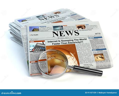 News Concept Newspapers And Magnifying Glass Isolated On White Stock