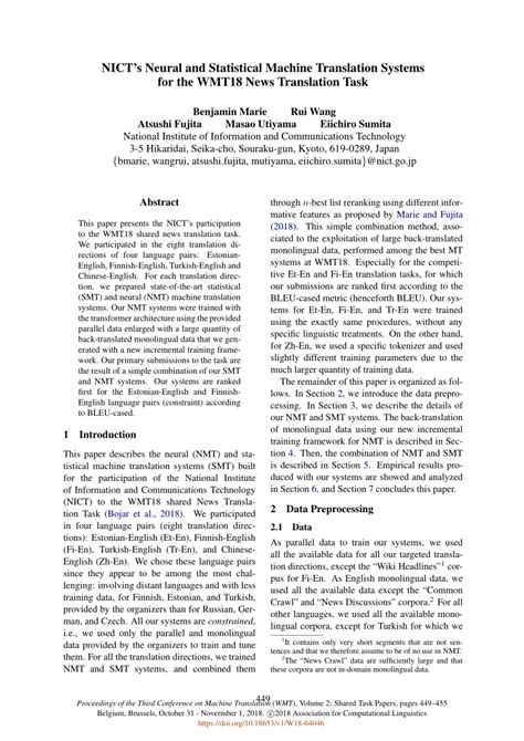 Pdf Nicts Neural And Statistical Machine Translation Systems For The Wmt18 News Translation Task